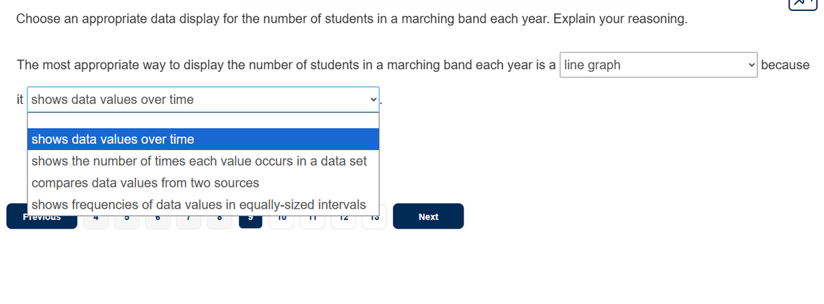 Choose an appropriate data display for the number of students in a marchi..