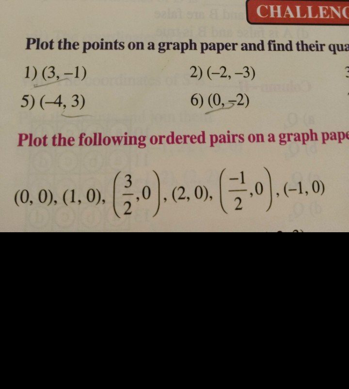 Plot the points on a graph paper and find their quadrant: 1) (3, -1) 2)
