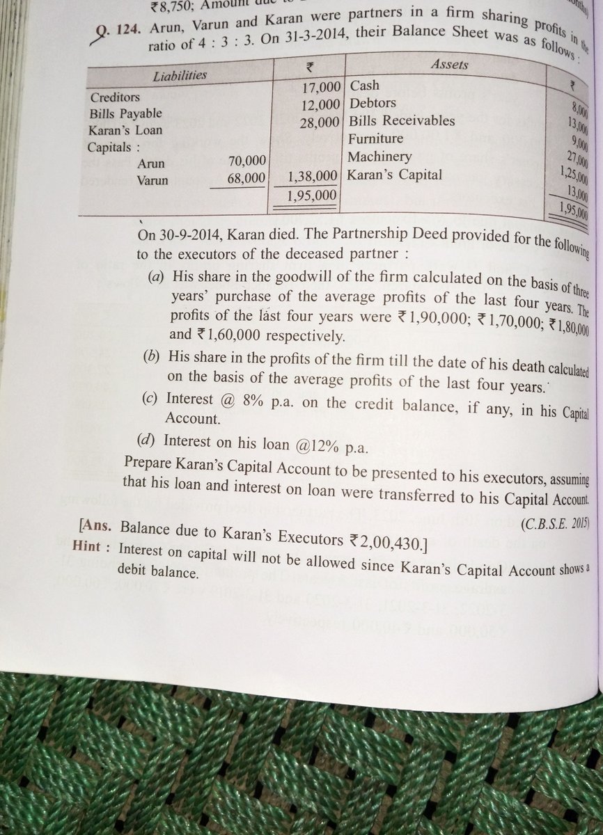 Arun, Varun and Karan were partners sharing profits in the ratio 4:3:3. T..