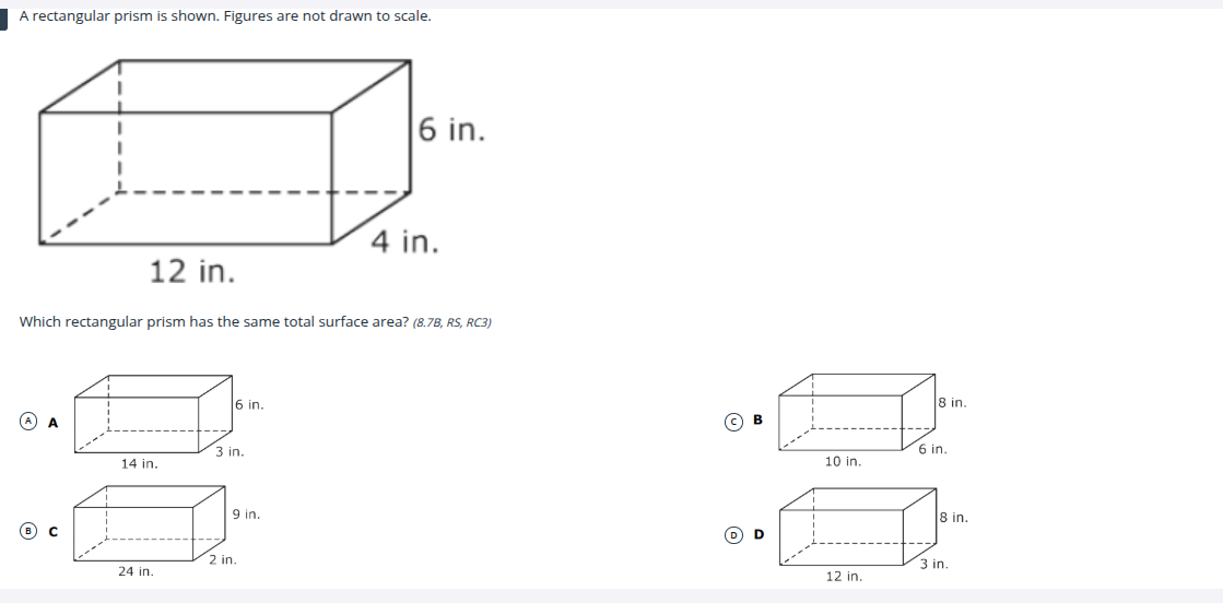 A rectangular prism is shown. Figures are not drawn to scale. Dimensions..