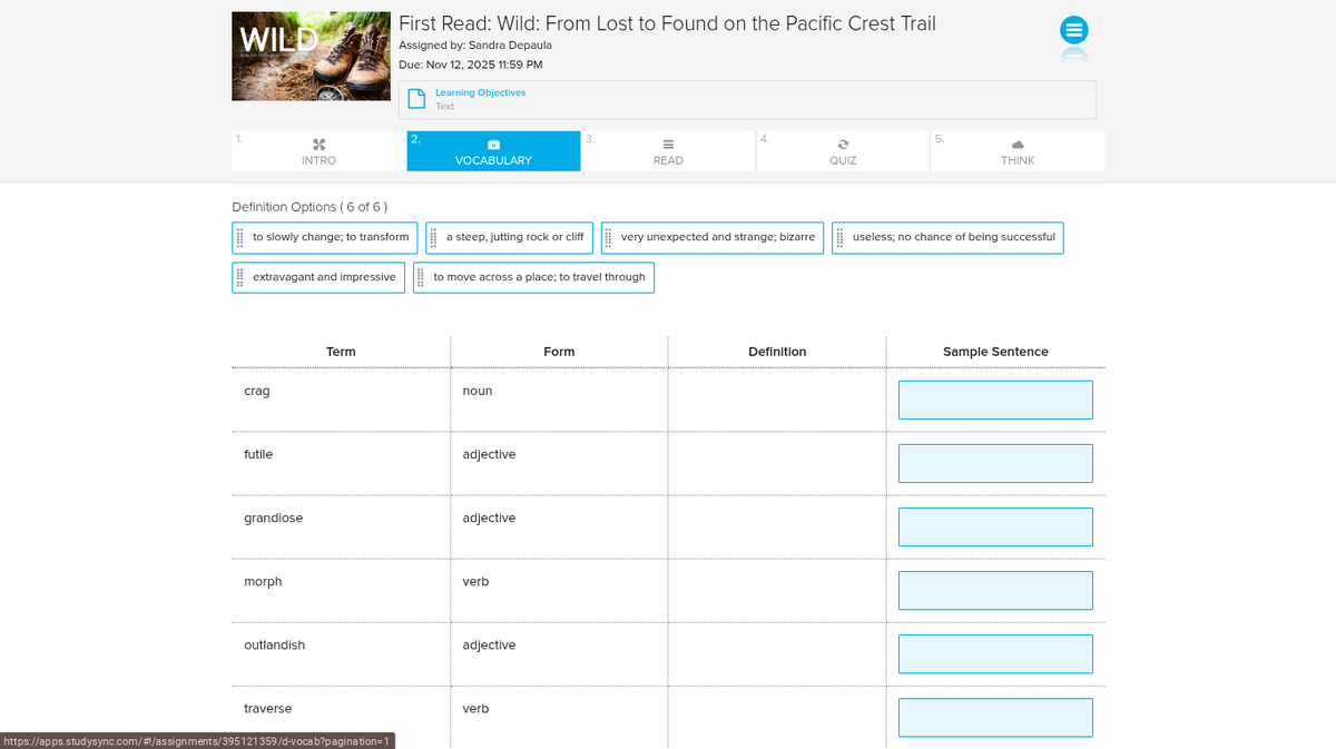 Match the vocabulary words (crag, futile, grandiose, morph, outlandish, t..