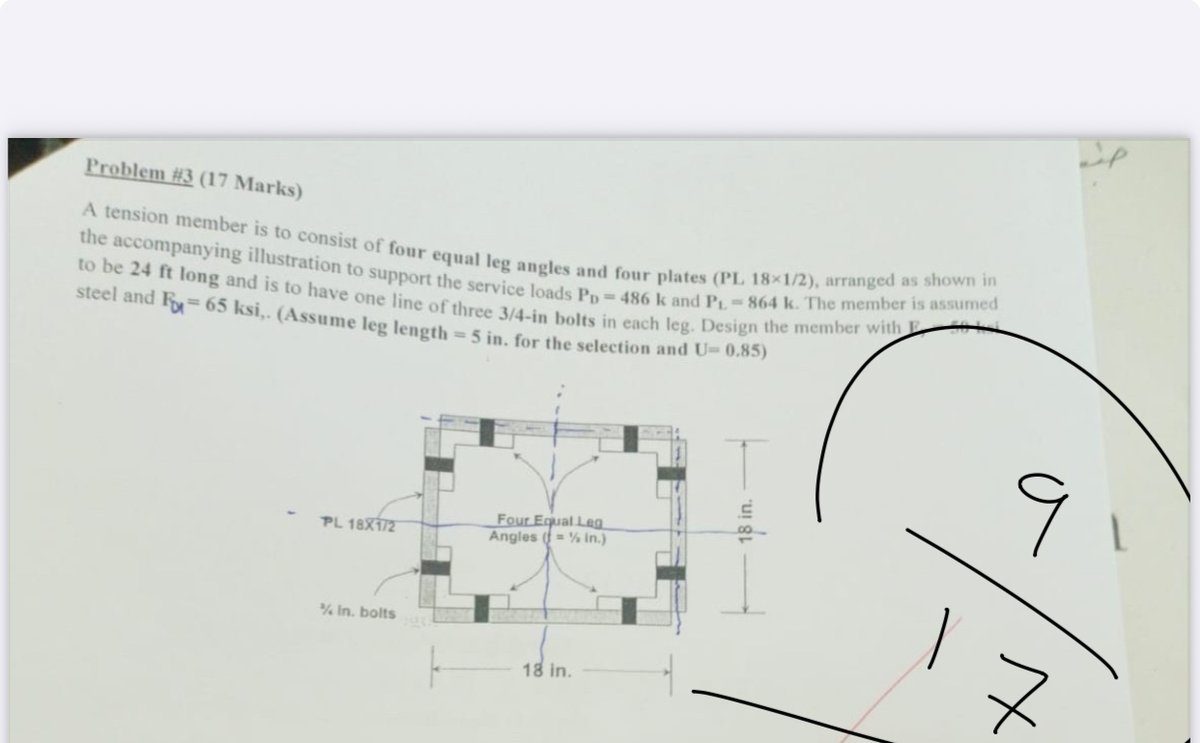 A tension member is to consist of four equal leg angles and four plates