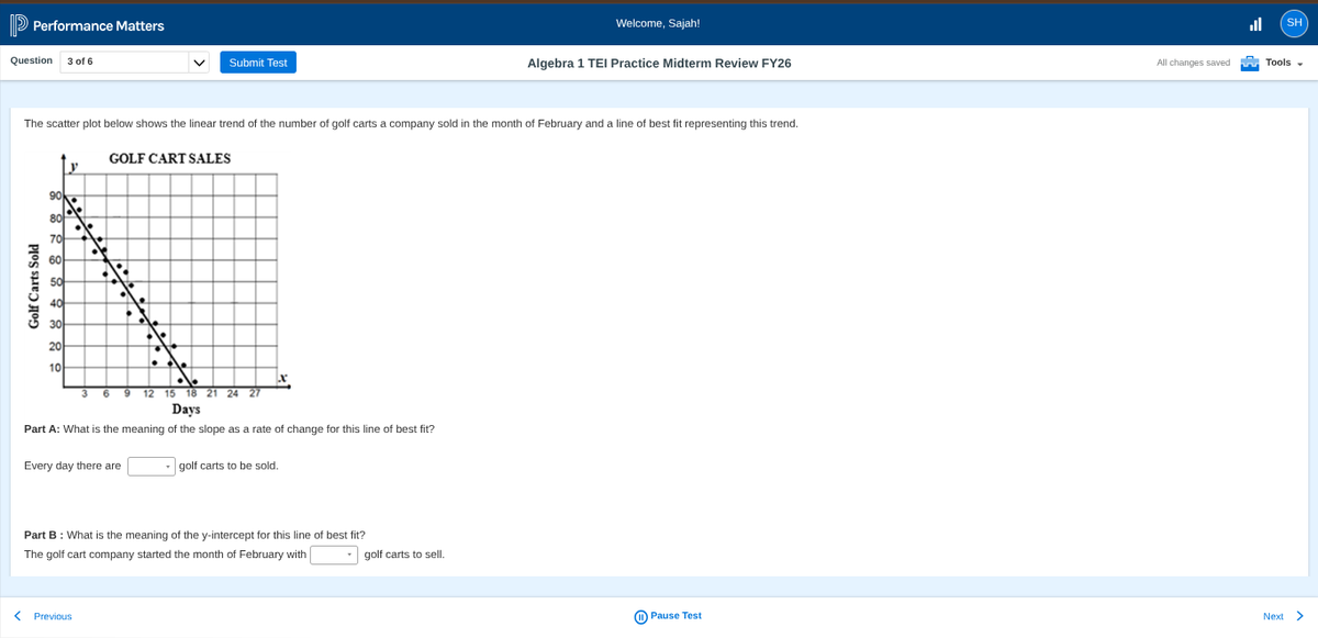 The scatter plot below shows the linear trend of the number of golf carts..