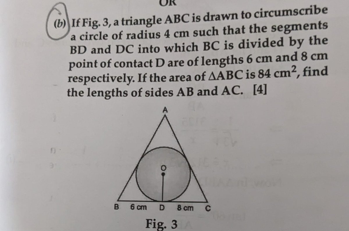 If in Fig. 3, a triangle ABC is drawn to circumscribe a circle of radius