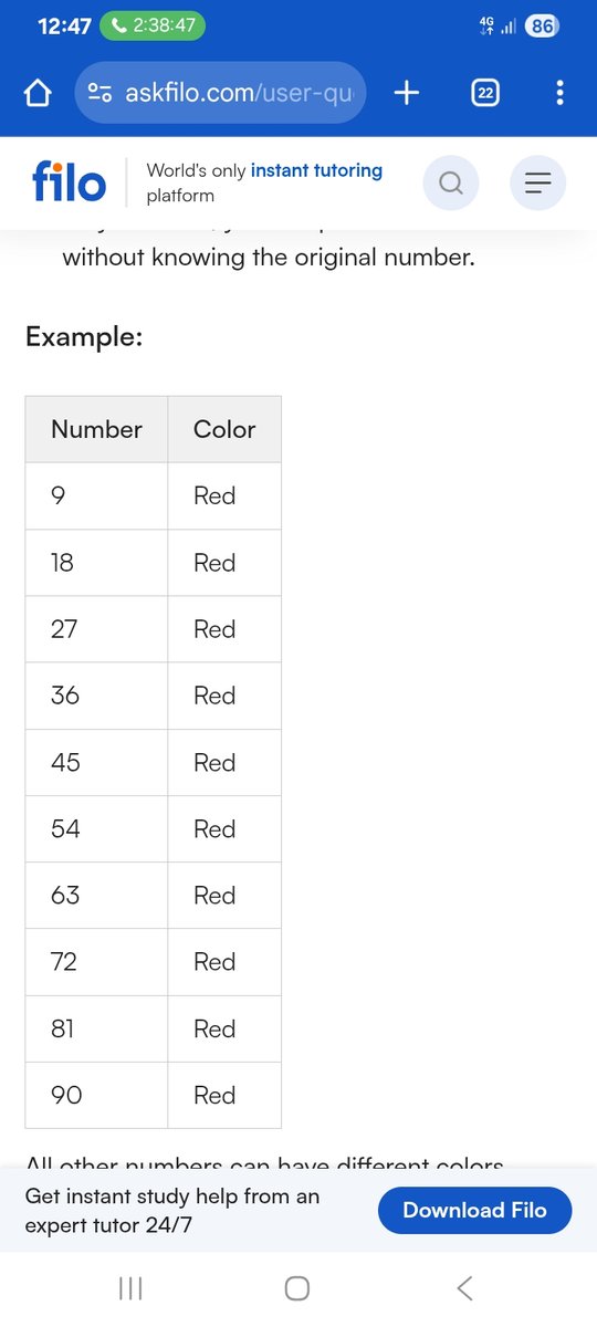 Question Given a list of numbers and their associated colors, for exampl..