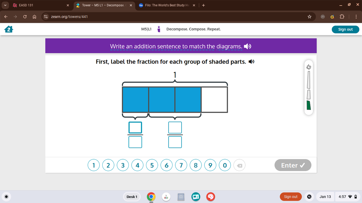 Write an addition sentence to match the diagrams. First, label the fract..