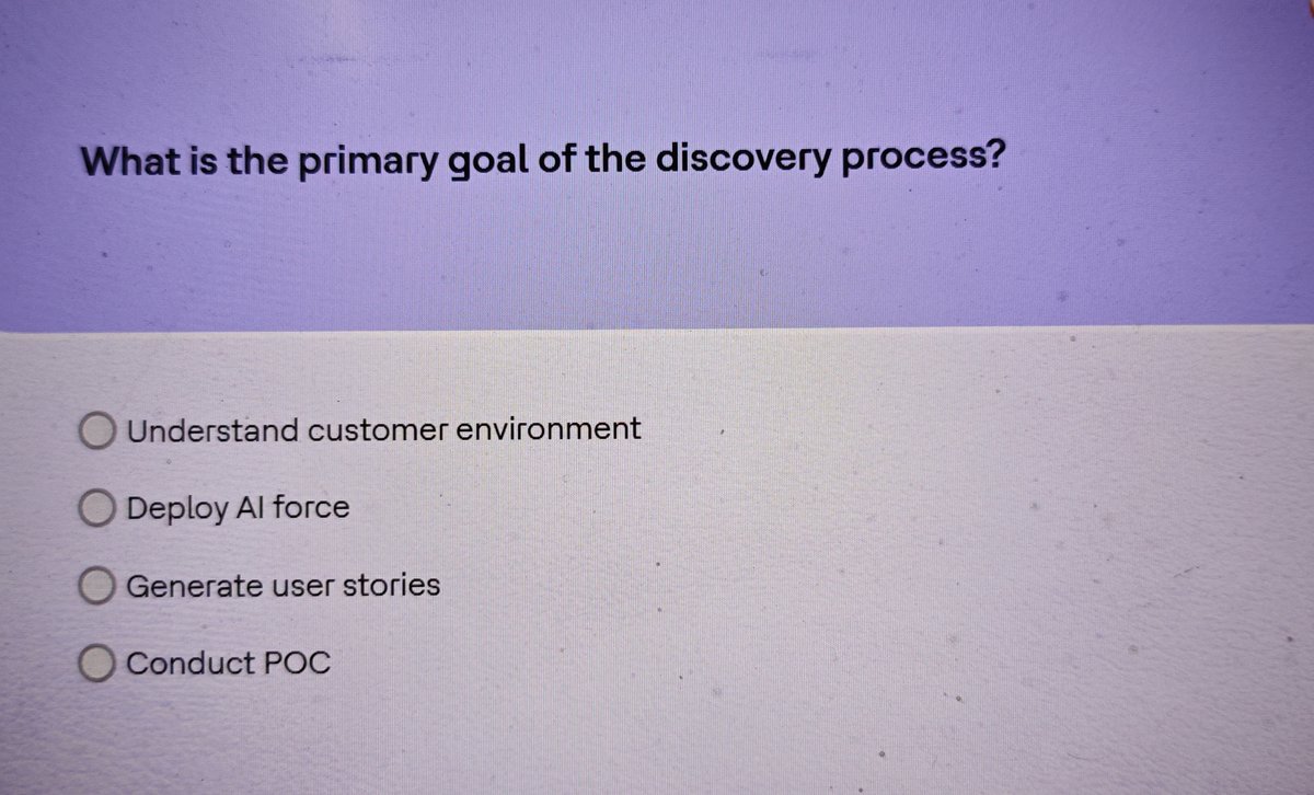 What is the primary goal of the discovery process? Understand customer e..