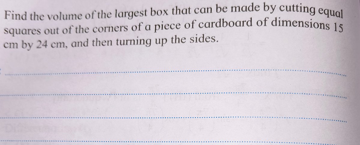 Find the volume of the largest box that can be made by cutting equal squa..