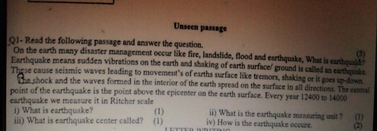 Unseen passage Q1- Read the following passage and answer the question. On..