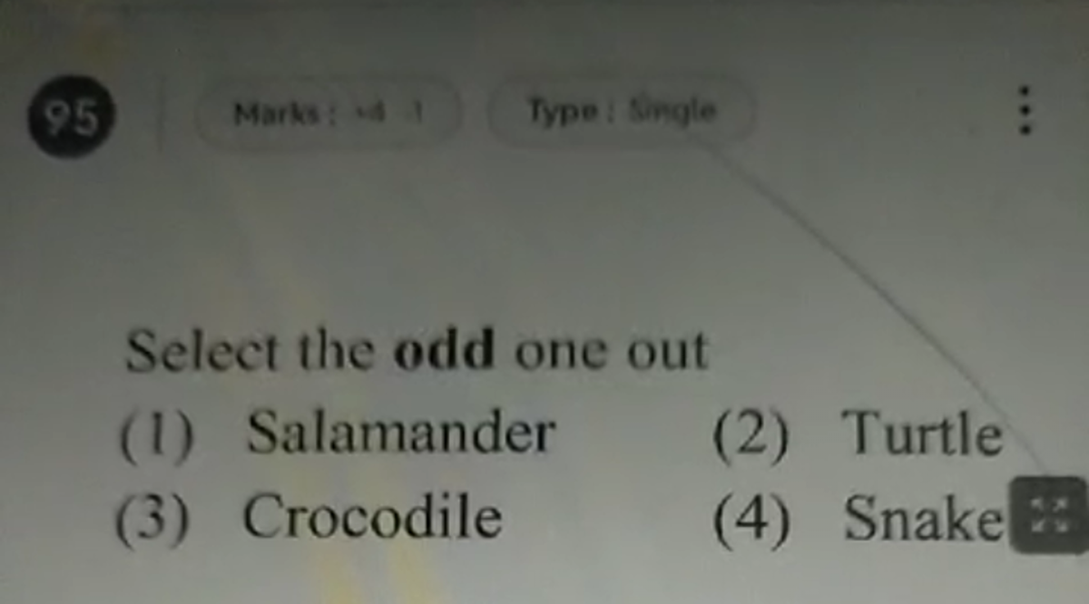 95 Marks Type: Single Select the odd one out (1) Salamander (2) Turtle