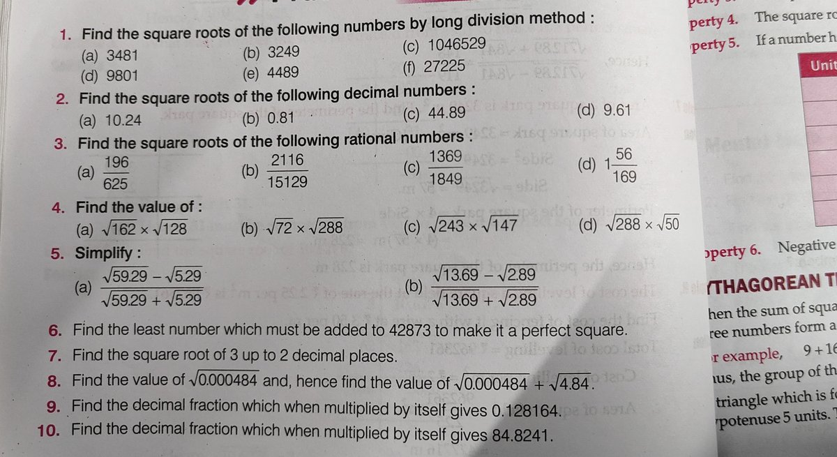 Find the square roots of the following numbers by long division method: