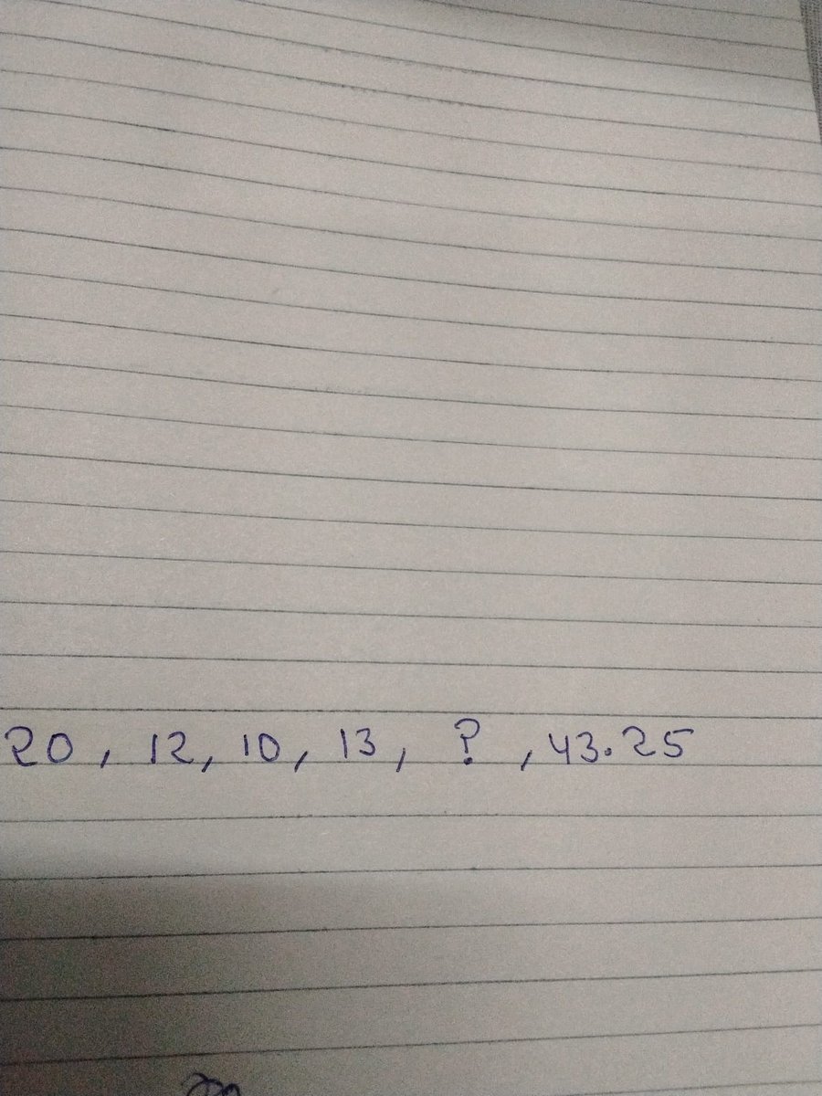 Find the missing number in the sequence: 20, 12, 10, 13, ?, 43.25 | Filo