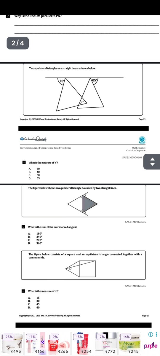 Two equilateral triangles are placed on a straight line. The angles outsi..