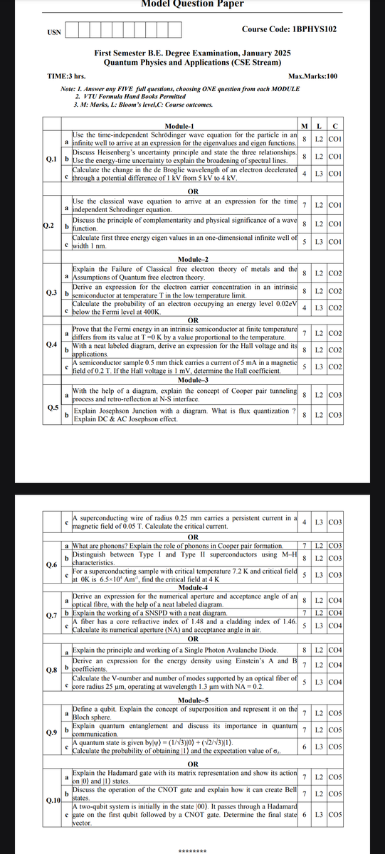 First Semester B.E. Degree Examination, January 2025 Quantum Physics and