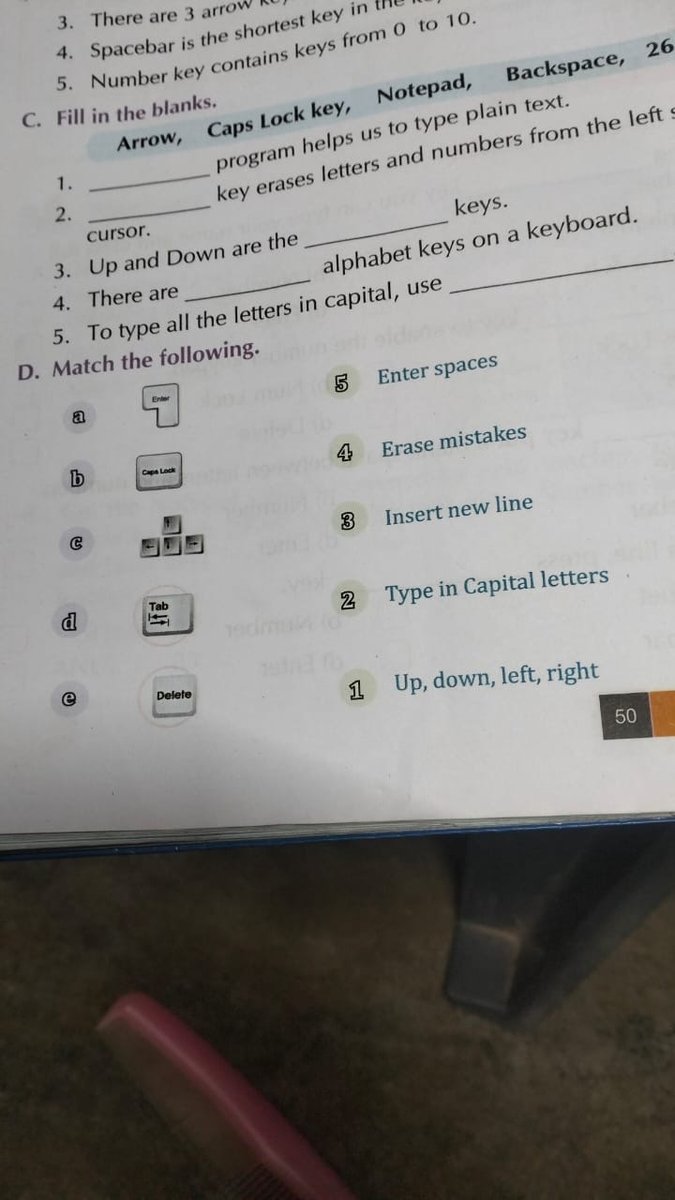 C. Fill in the blanks. Arrow, Caps Lock key, Notepad, Backspace __ prog..