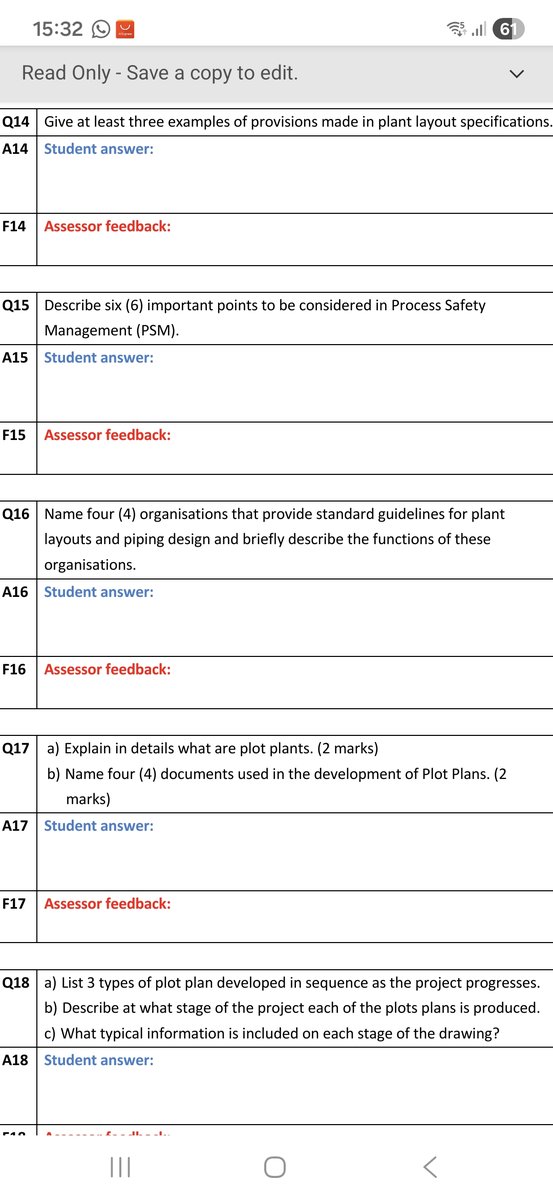 Q14 Give at least three examples of provisions made in plant layout speci..