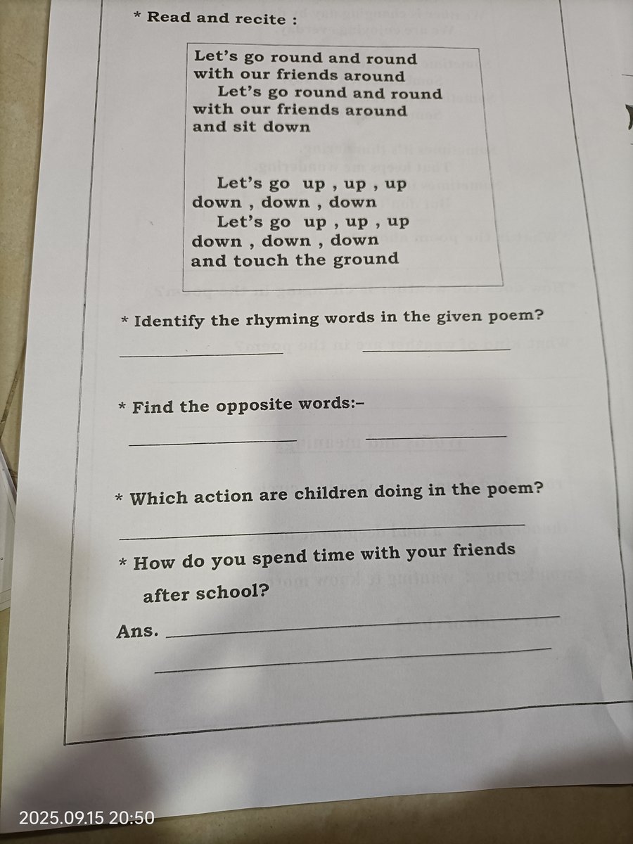 Poem Recitation and Questions Read and recite the poem: Let's go round..