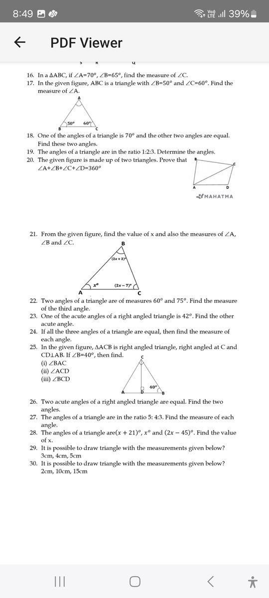 Geometry Questions on Triangles In a \triangle ABC, if \angle A=70^\circ..