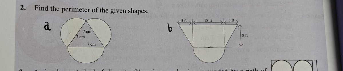 Find the perimeter of the given shapes: a) A shape consisting of an equi..