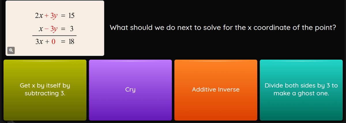 2x + 3y = 15 x - 3y = 3 3x + 0 = 18 What should we do next to solve for