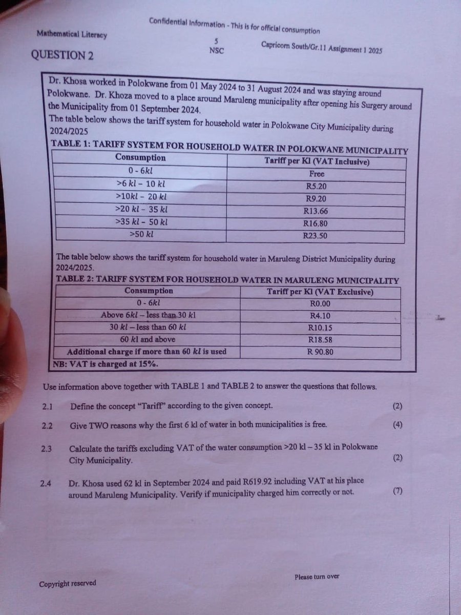 Mathematical Literacy: Household Water Tariff Systems (Grade 11) Dr. Kho..