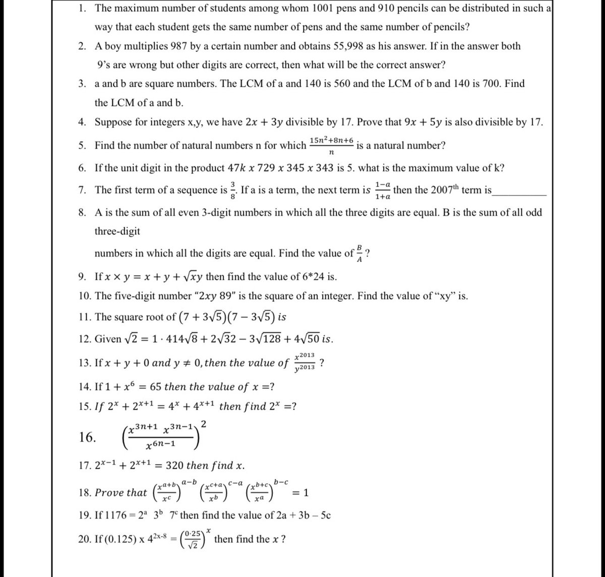 The maximum number of students among whom 1001 pens and 910 pencils can b..