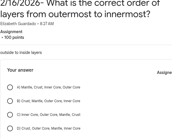 What is the correct order of Earth's layers from outermost to innermost?