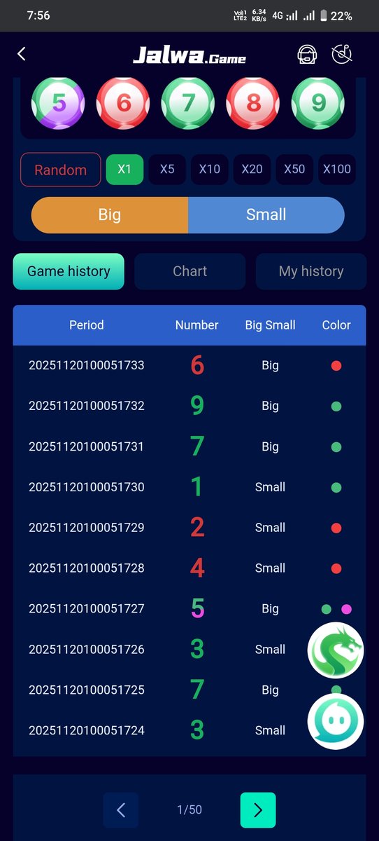 Given the game history table with numbers and their classification as 'Bi..
