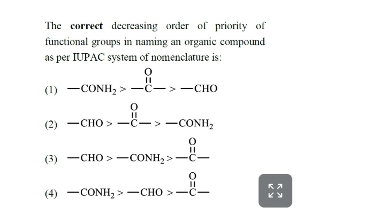 The correct decreasing order of priority of functional groups in naming a..