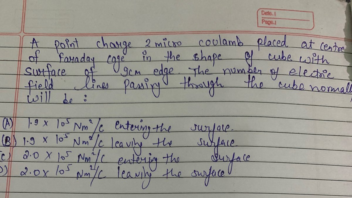 A point charge of 2 micro coulombs is placed at the center of a Faraday c..
