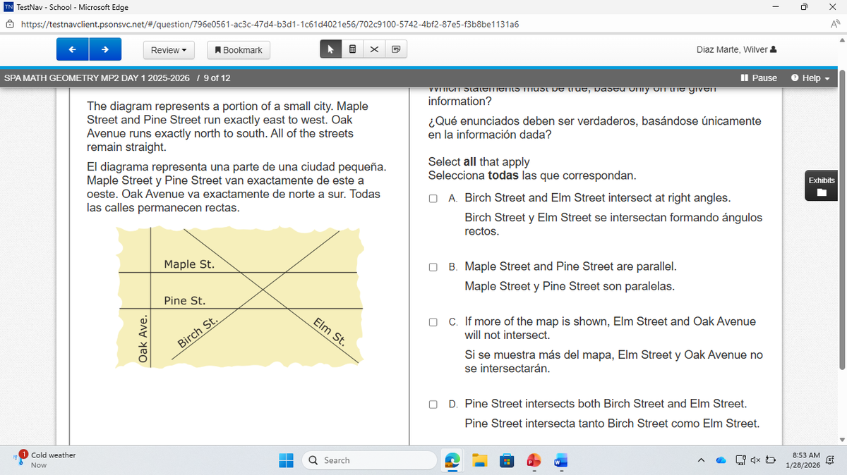 The diagram represents a portion of a small city. Maple Street and Pine S..