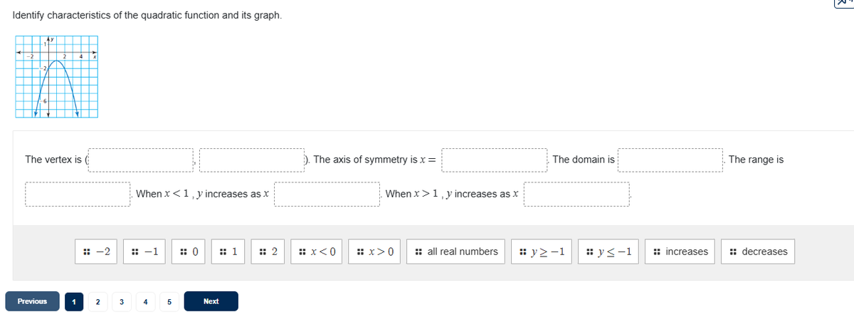 Identify characteristics of the quadratic function and its graph. The ve..