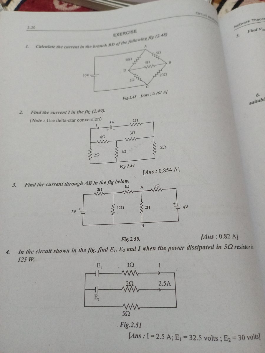 Calculate the current in the branch BD of the circuit shown in Fig. 2.48...