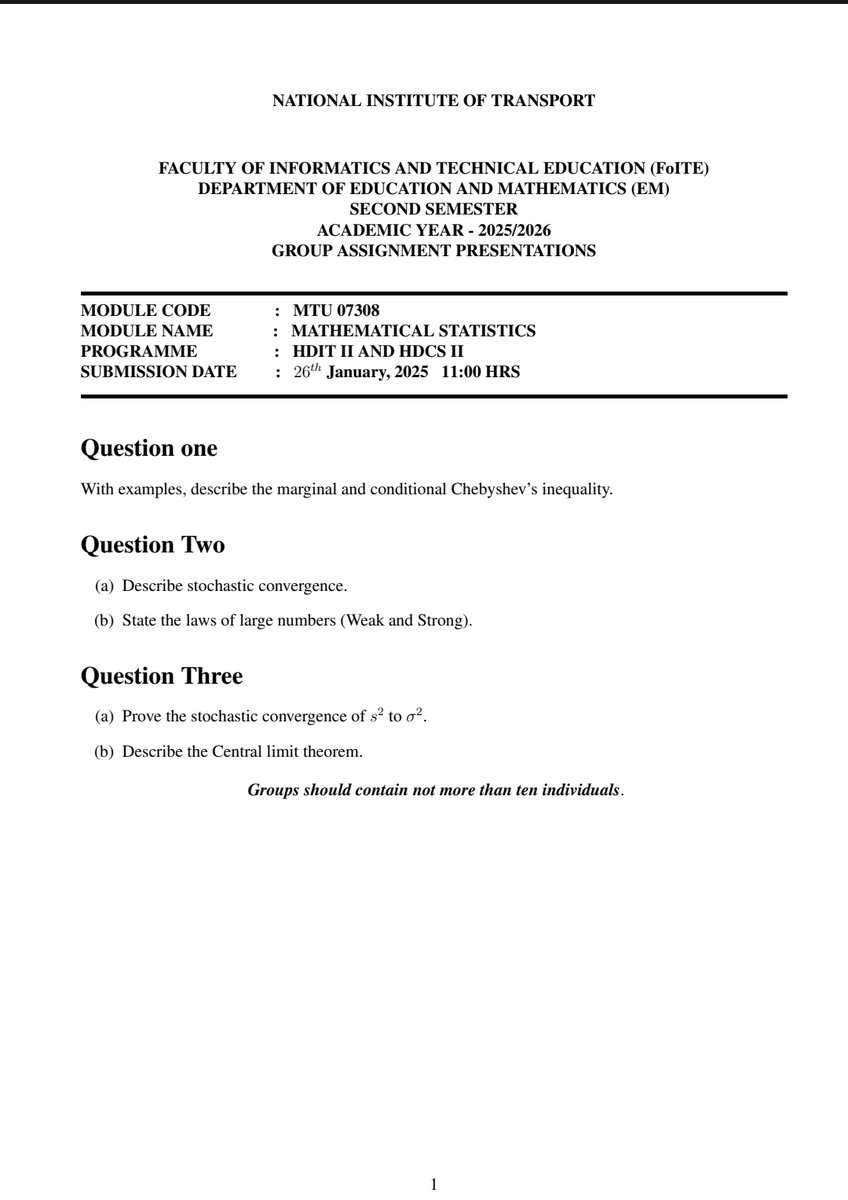 Question one: With examples, describe the marginal and conditional Chebys..