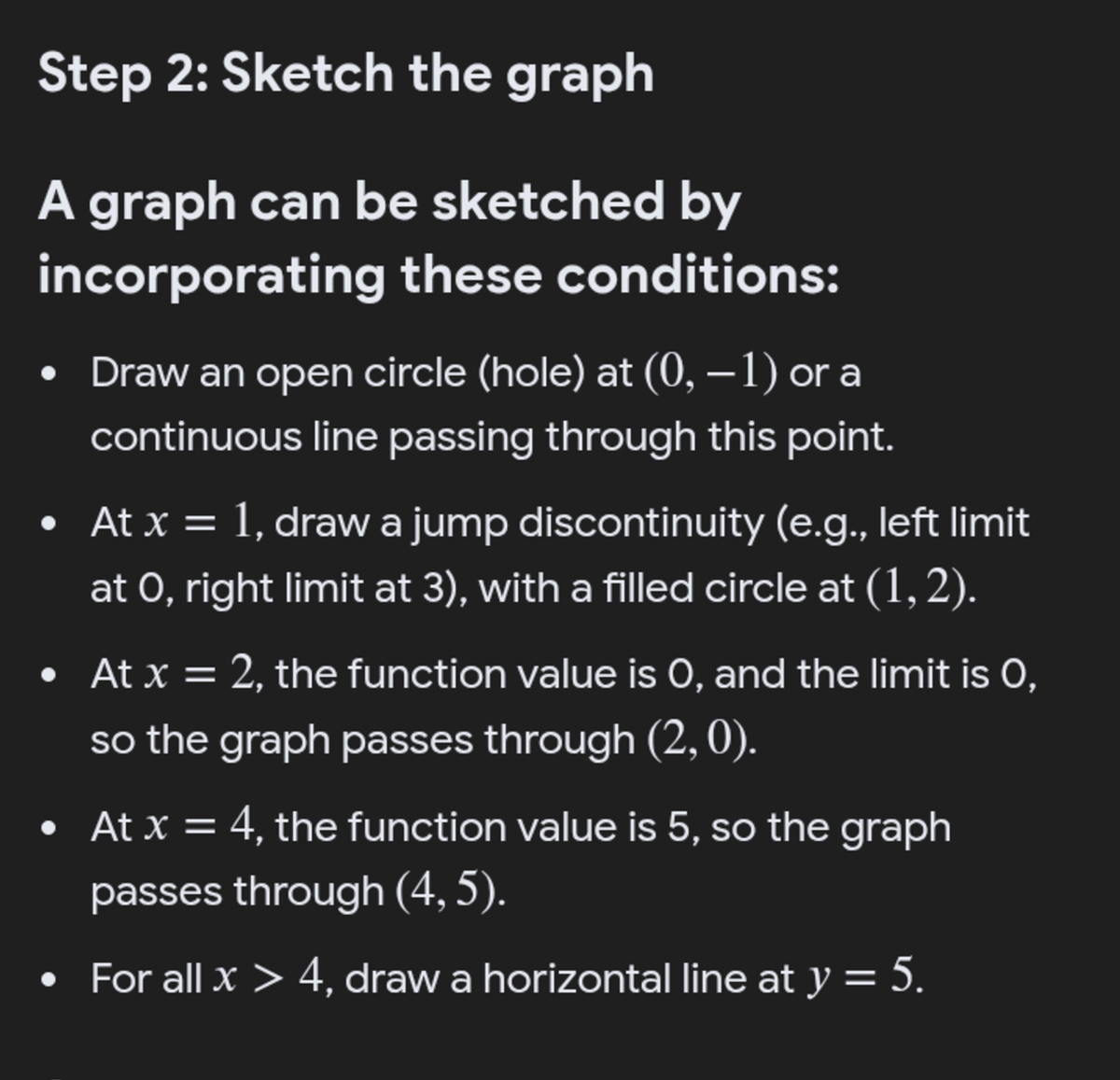 Sketch the graph incorporating these conditions: Draw an open circle (ho..