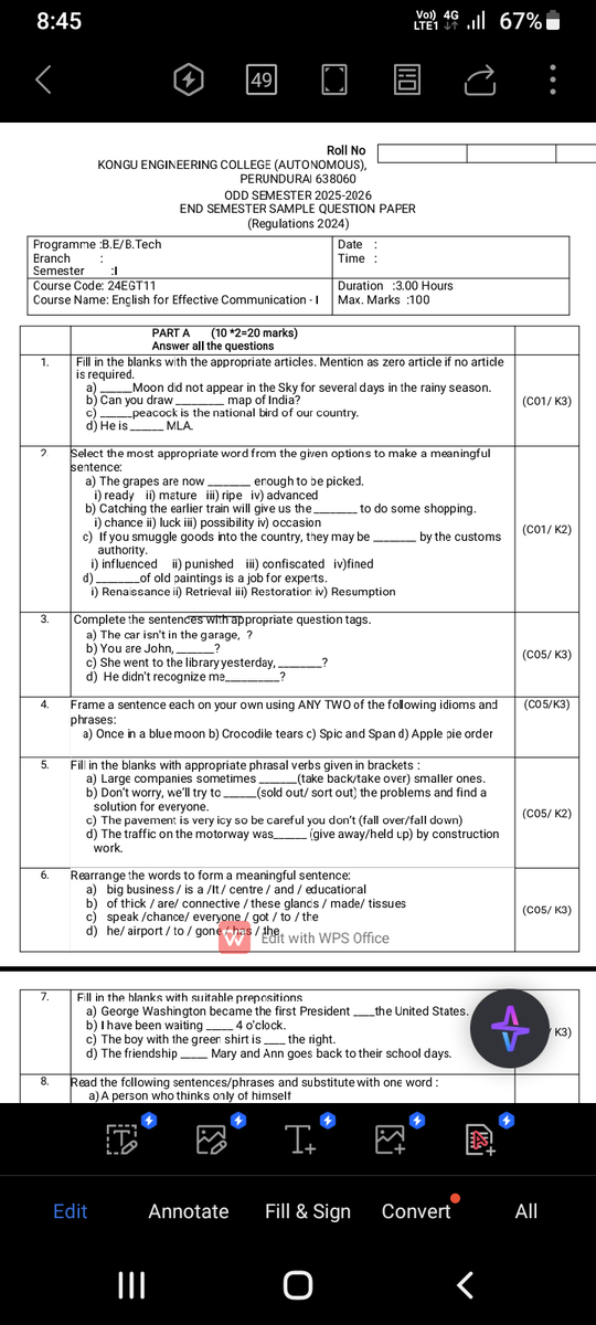 PART A (10 * 2 = 20 marks) Answer all the questions Fill in the blanks w..