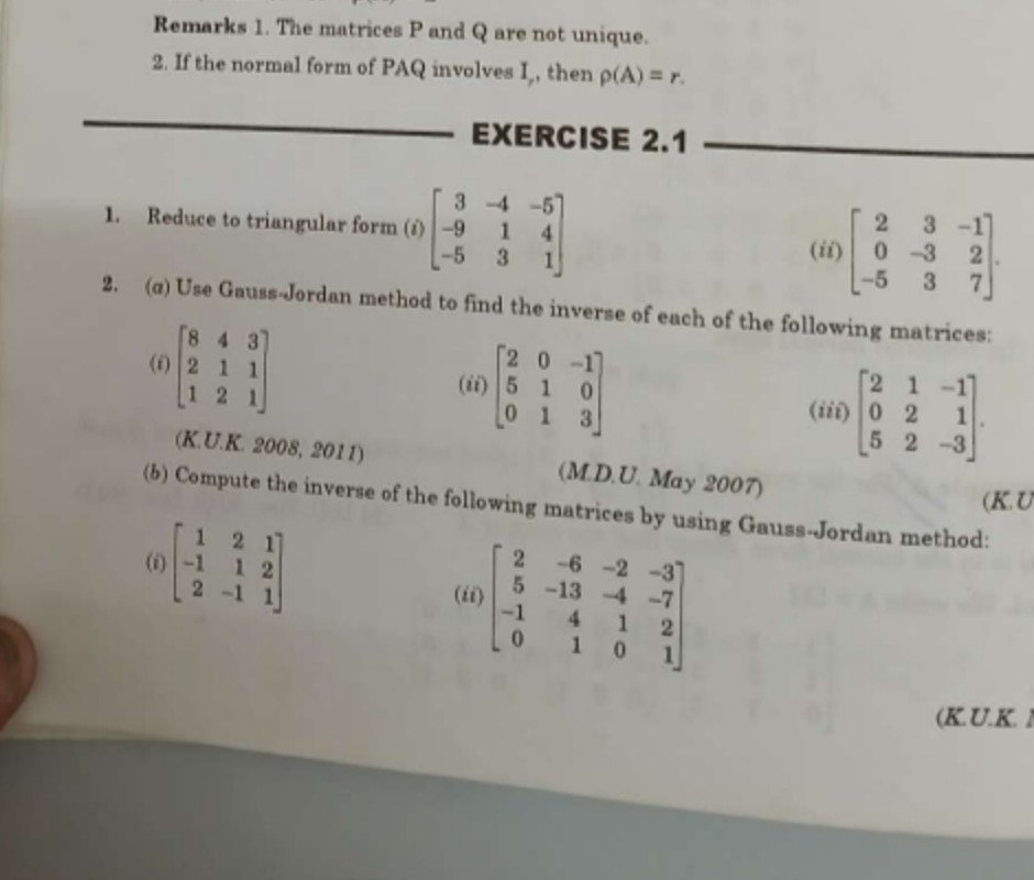 Reduce to triangular form: (i) \begin{bmatrix} 3 & -4 & -5 \\ -9 & 1 & 4..