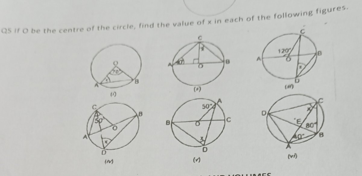 If O is the center of the circle, find the value of x in each of the foll..