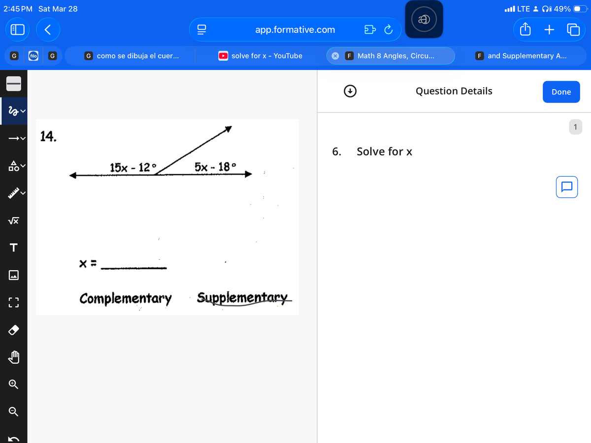 Solve for x given the angles (15x - 12)° and (5x - 18)° are supplementary..