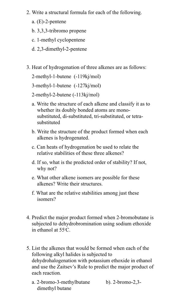 Write a structural formula for each of the following. a. (E)-2-pentene b...
