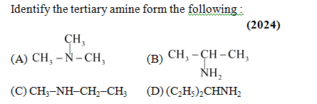 Identify the tertiary amine from the following options: (A) CH3-N(CH3)-C..