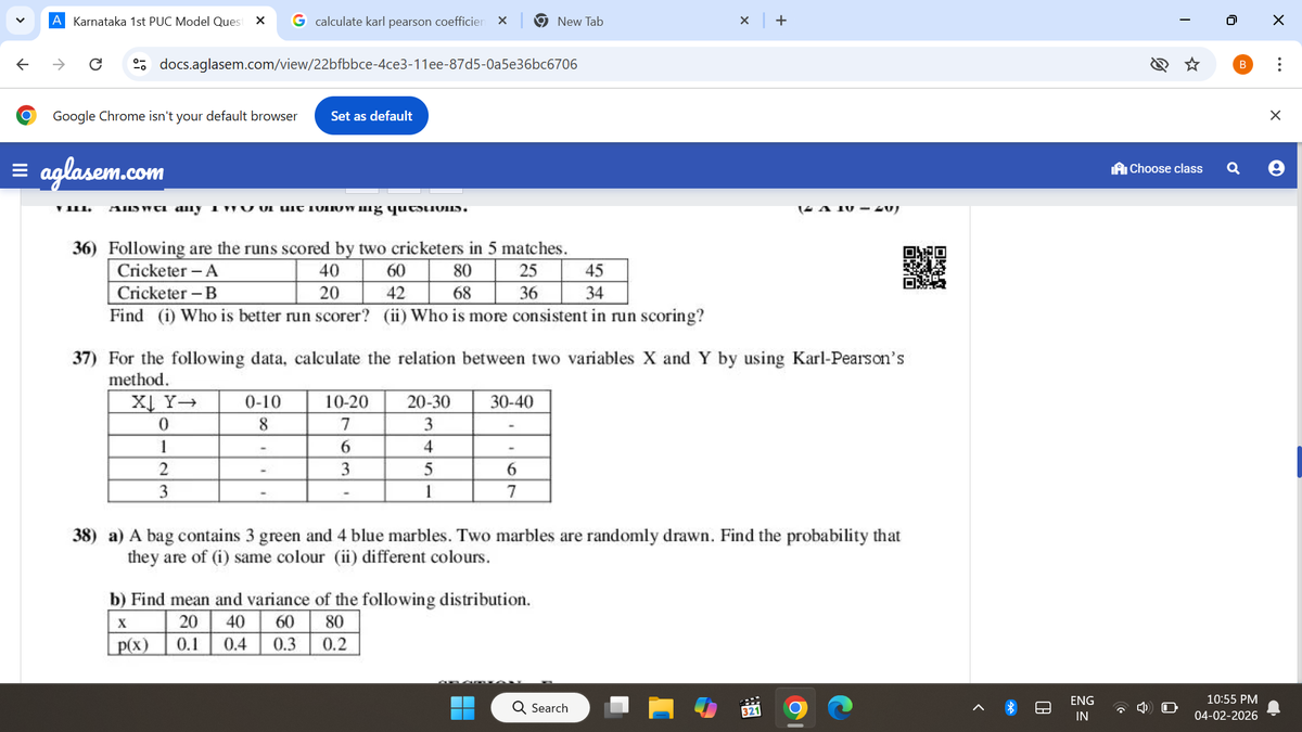 Calculate the relation between two variables X and Y using Karl-Pearson's..