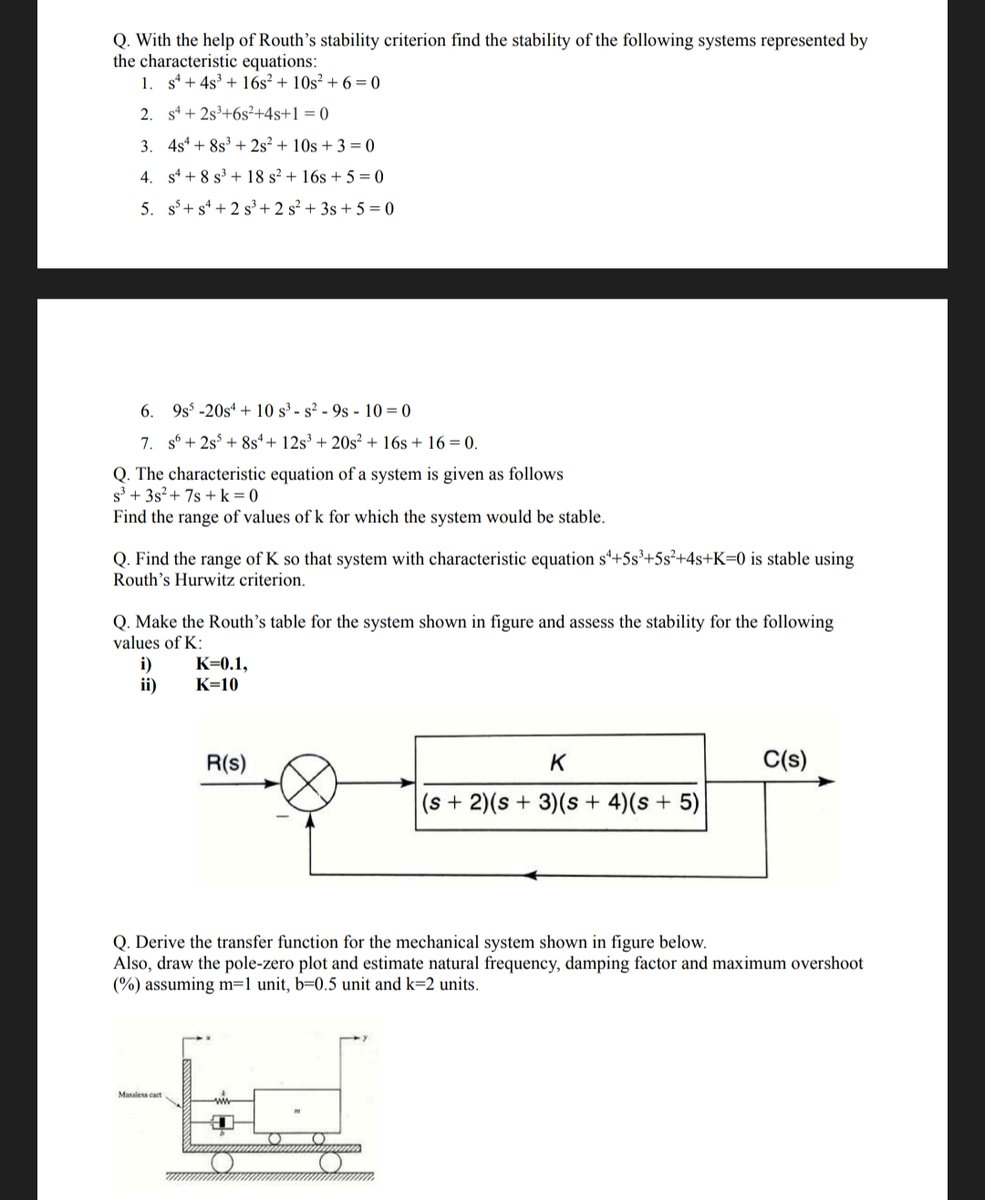 Questions on Routh's Stability Criterion and System Analysis Using Routh..