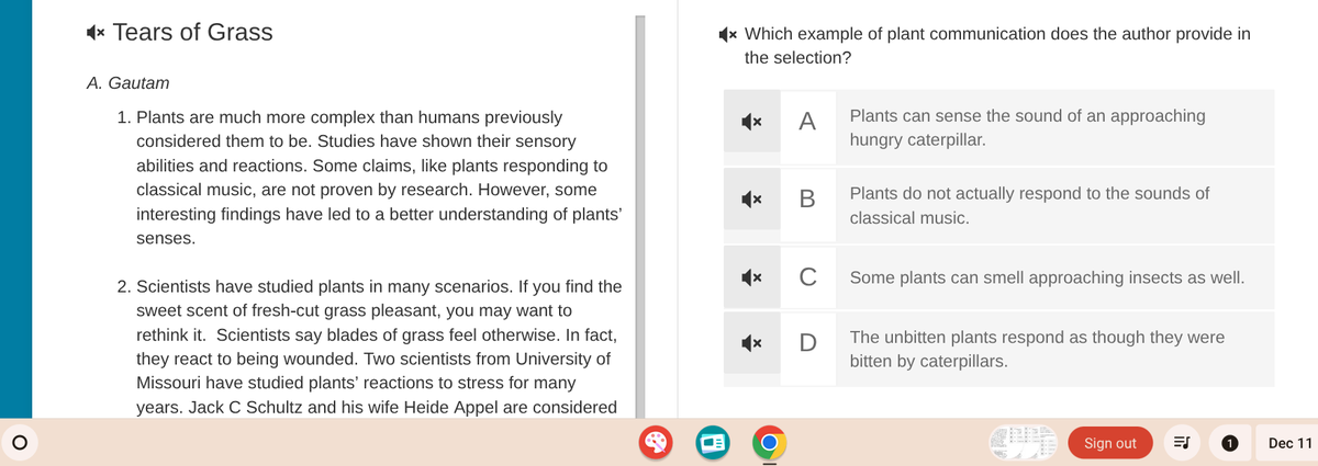 Which example of plant communication does the author provide in the selec..