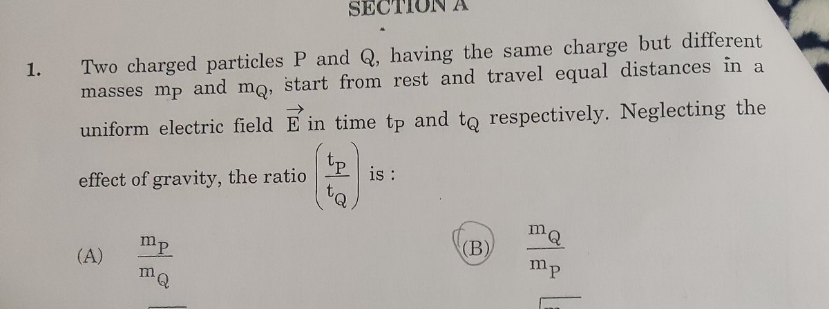 Two charged particles P and Q, having the same charge but different masse..