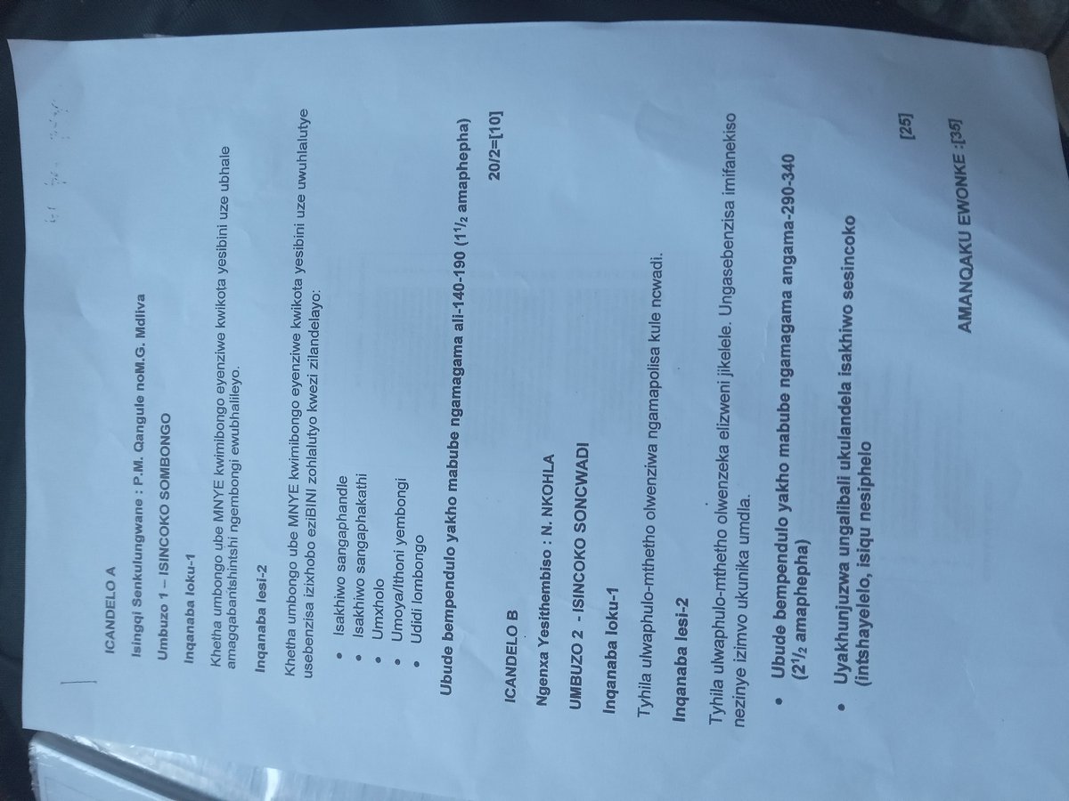 ICANDELO A Isingqi Senkulungwane: P.M. Qangule noM.G. Mdliva Umbuzo 1-