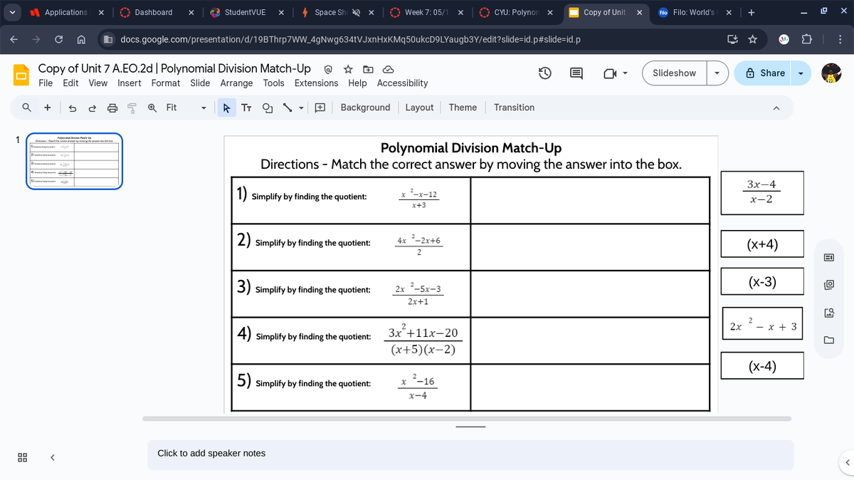 Applications Dashboard StudentVUE Week 7: 05/1 CYU: Polynor Copy of Unit