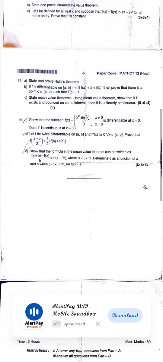 Questions b) State and prove the Intermediate Value Theorem. c) Let f