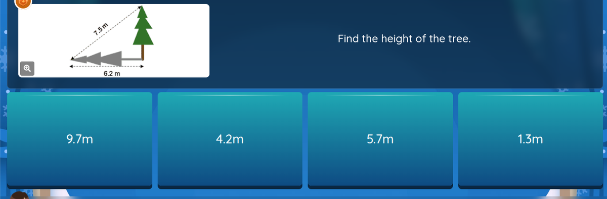 Find the height of the tree, given the hypotenuse is 7.5m and the base is..