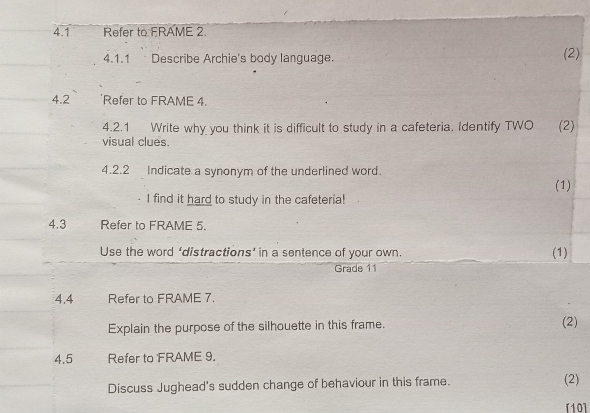 4.1 Refer to FRAME 2. 4.1.1 Describe Archie's body language. 4.2 Refer